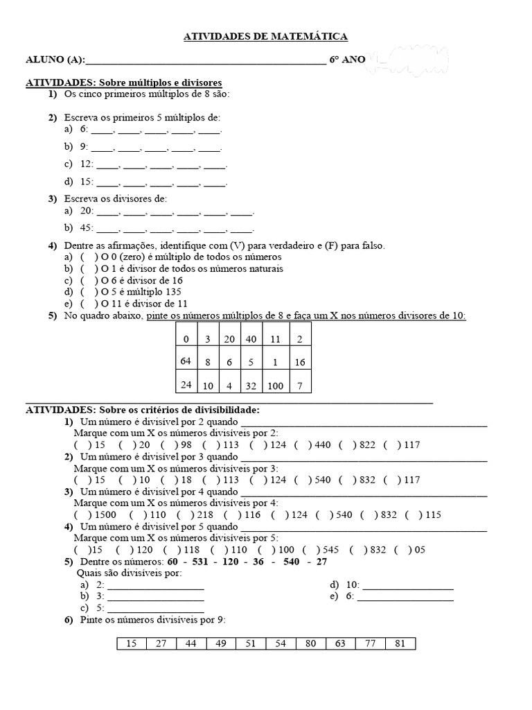 Atividade de Matemática 6 Ano | PDF | Matemática | Matemática elementar