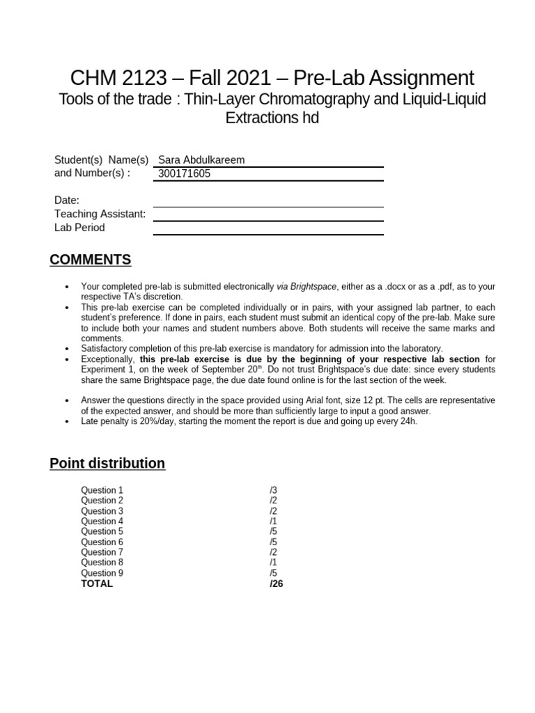 CHM2123 2021 TLCLLE Prelab | PDF | Acid Dissociation Constant | Solvent