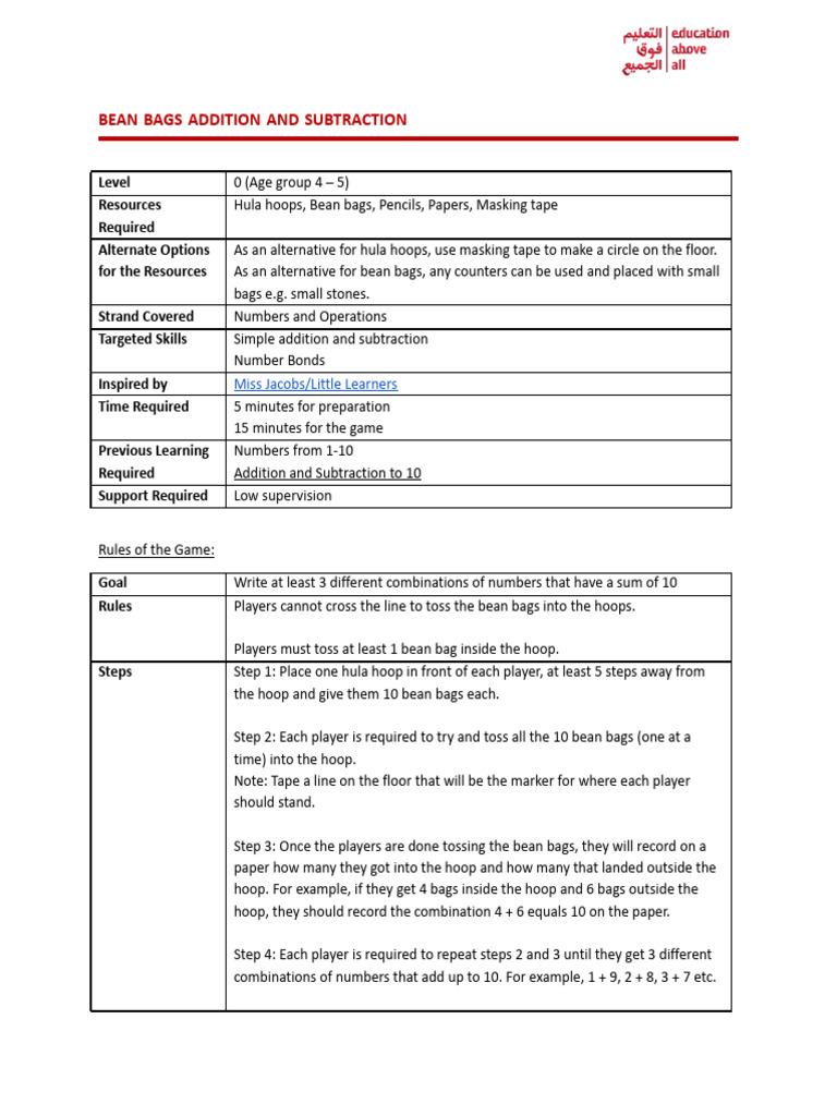 Bean Bags Addition and Subtraction | PDF