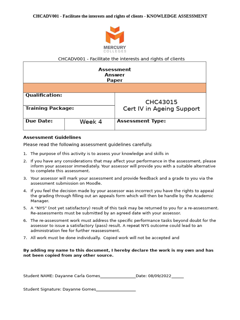 Answer Paper CHCADV001 Assessment | PDF