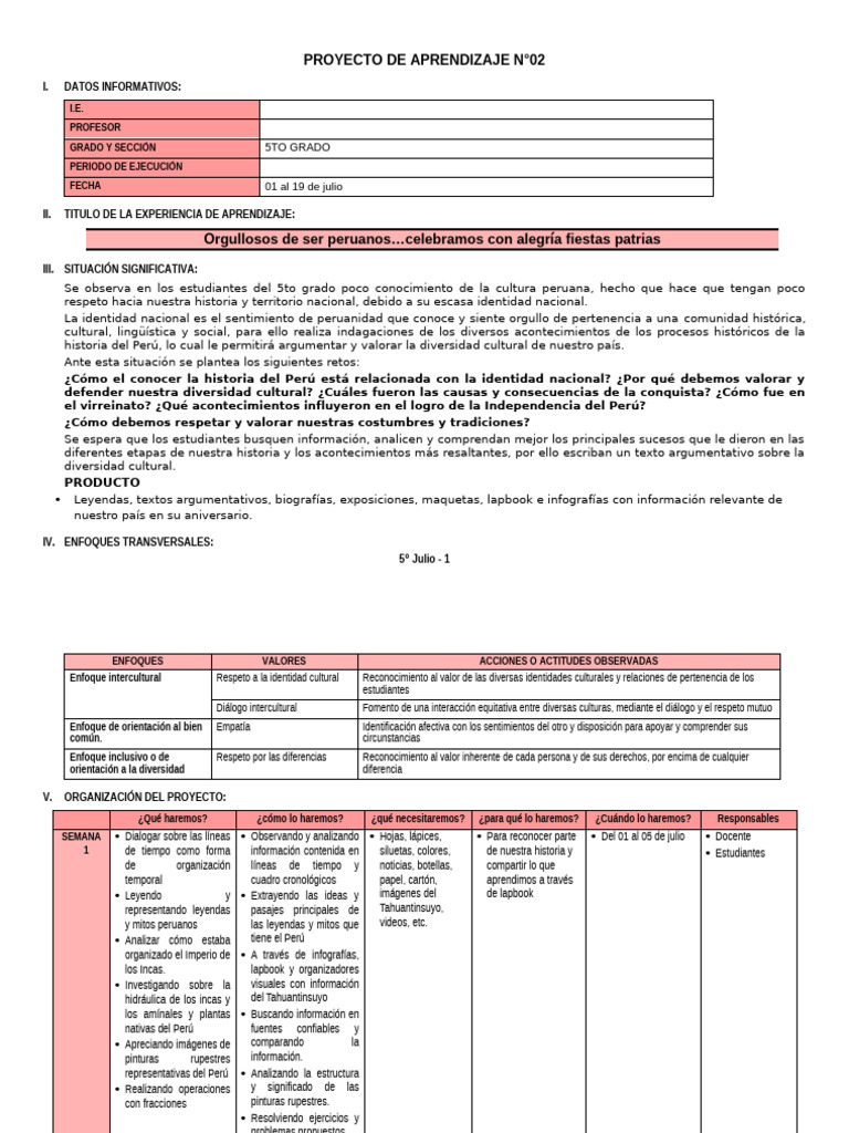 5° GRADO - PROYECTO DE APRENDIZAJE N°02 Ultimo | PDF
