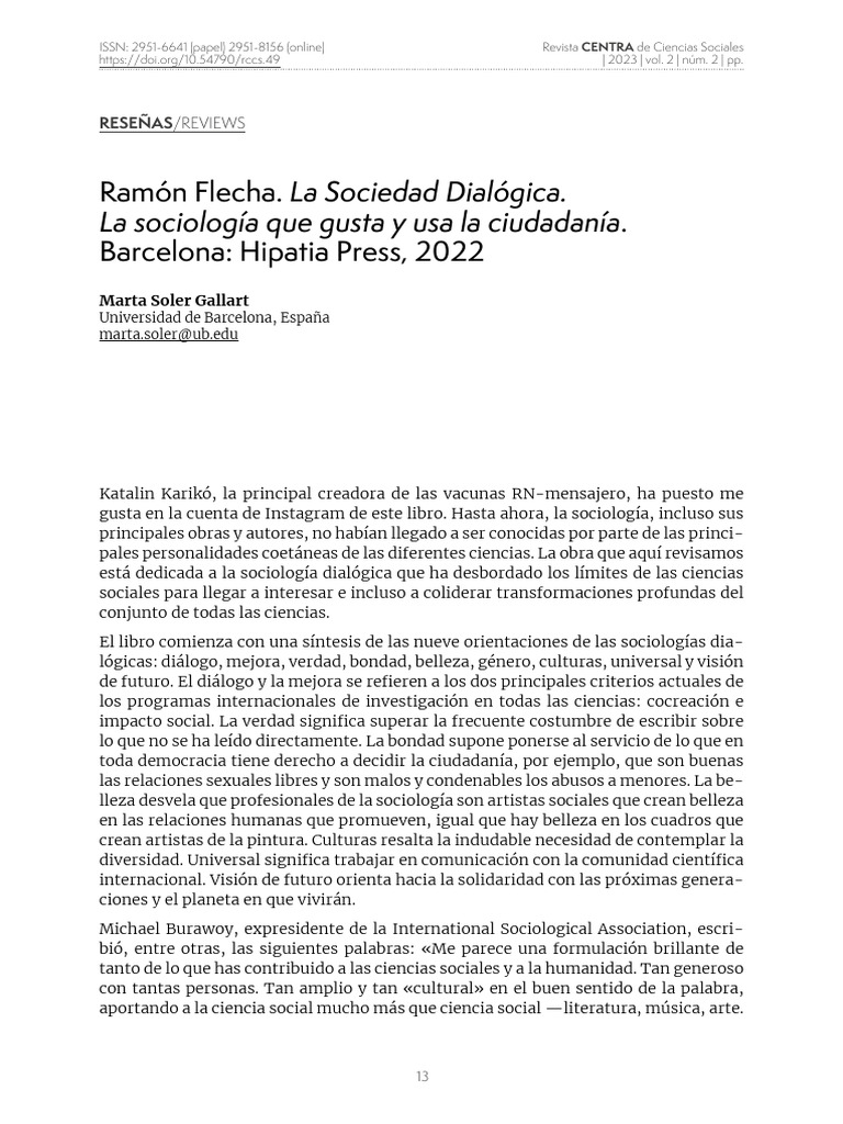 Ramon Flecha La Sociedad Dialogica La Sociologia Q | PDF