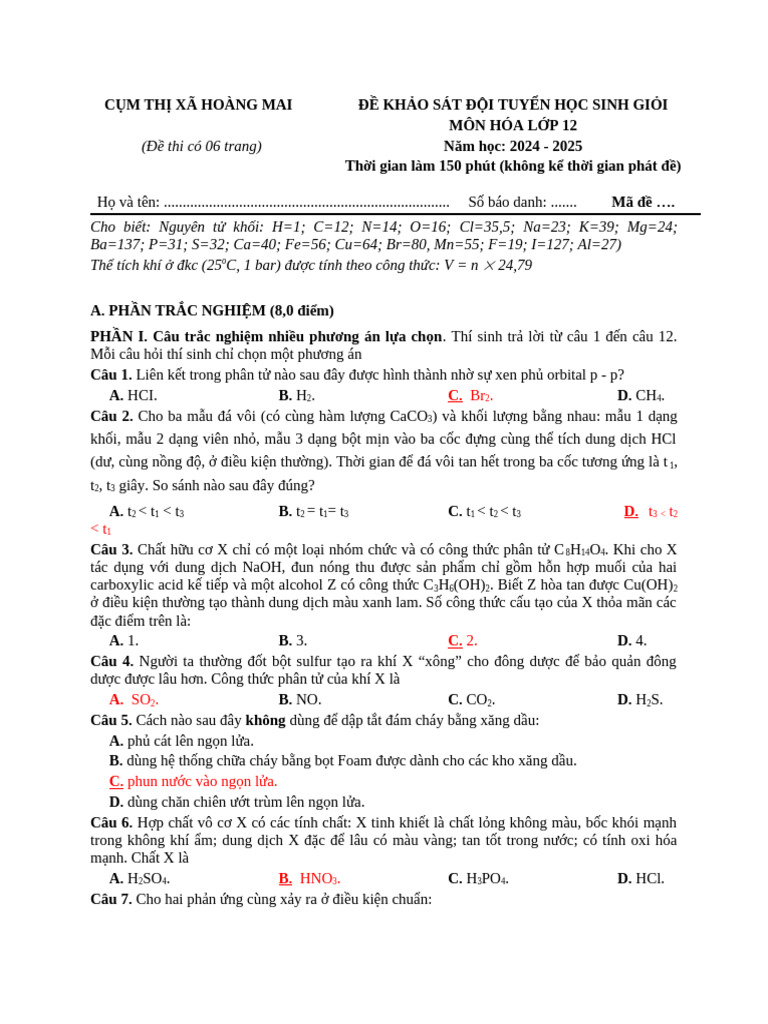 2024-2025 HSG 12 - CỤM THỊ XÃ HOÀNG MAI - File đề + HDC | PDF