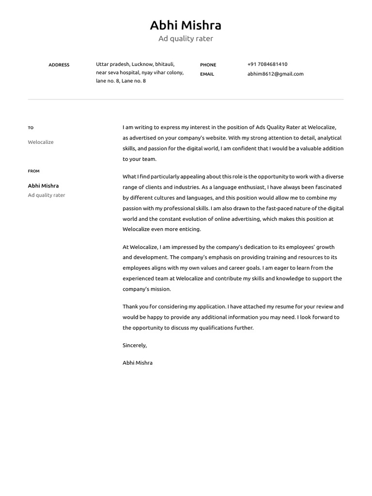 Abhi Mishra - Cover Letter | PDF | Career & Growth