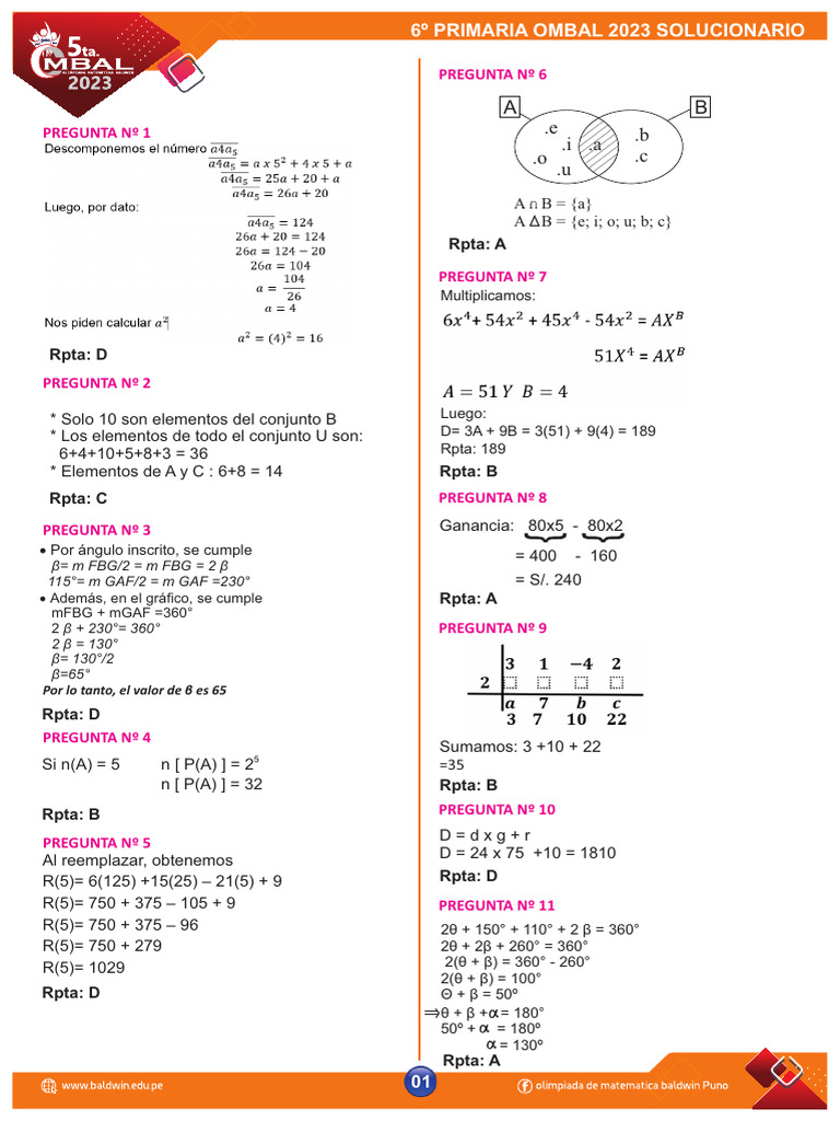 Primaria V Ombal Solucionario - 6 Primaria 1 Fase | PDF