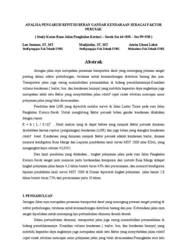 Analisa Pengaruh Repitisi Beban Gandar Kendaraan Sebagai Faktor Perusak ...
