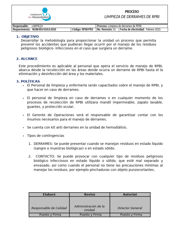 RPBI-PR2 Limpieza de Derrames. de RPBI | PDF | Residuos