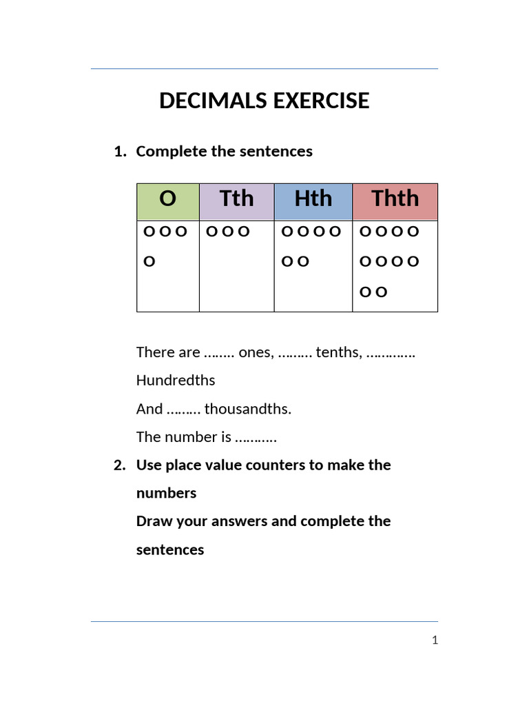 Decimals Exercise 1 | PDF