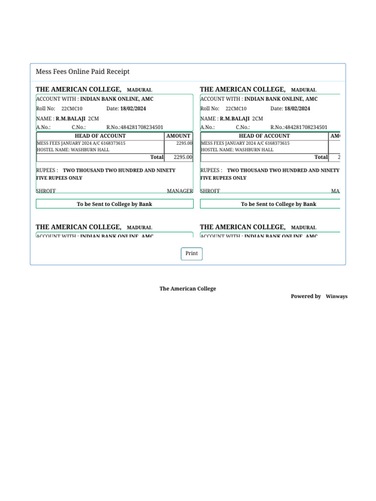 American College Madurai Mess Fees Receipt | PDF