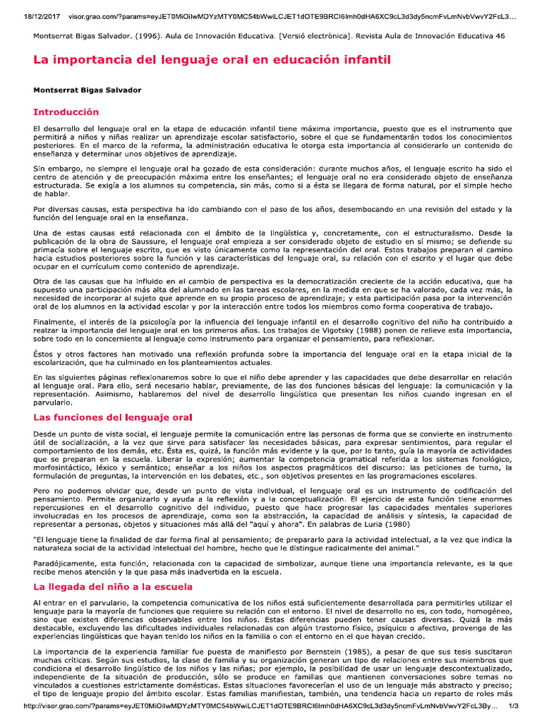 La Importancia Del Lenguaje Oral en Educacion Infantil | PDF