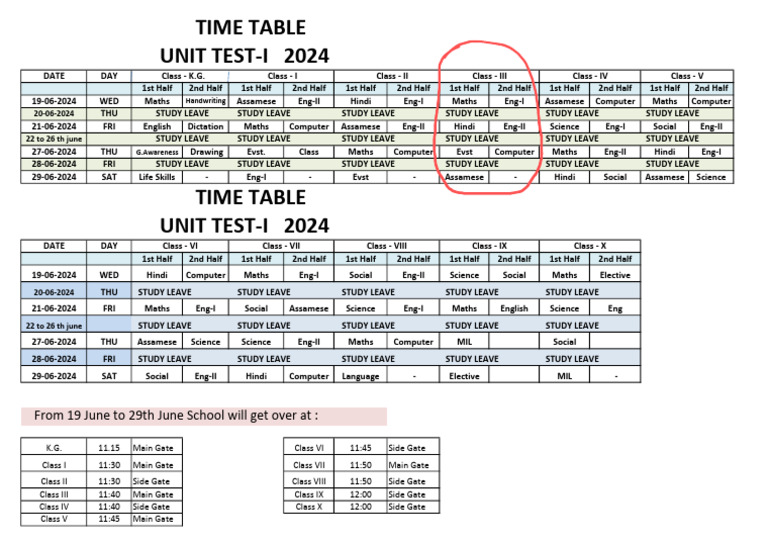 Revised UNIT TEST I TIMETABLE | PDF