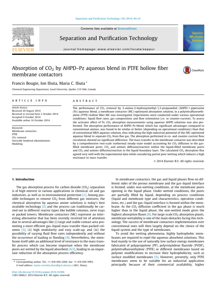 Absorption of CO2 by AHPD-Pz Aqueous Blend in PTFE Hollow Fiber ...