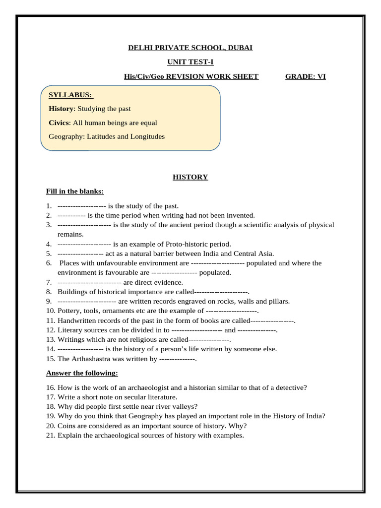 Grade 6 UT 1 SST Revision Sheet 24-25 | PDF