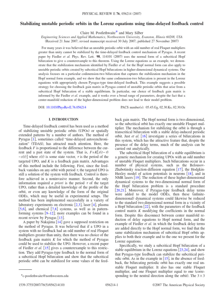 Stabilizing Unstable Periodic Orbits in The Lorenz Equations Using Time-Delayed Feedback Control ...
