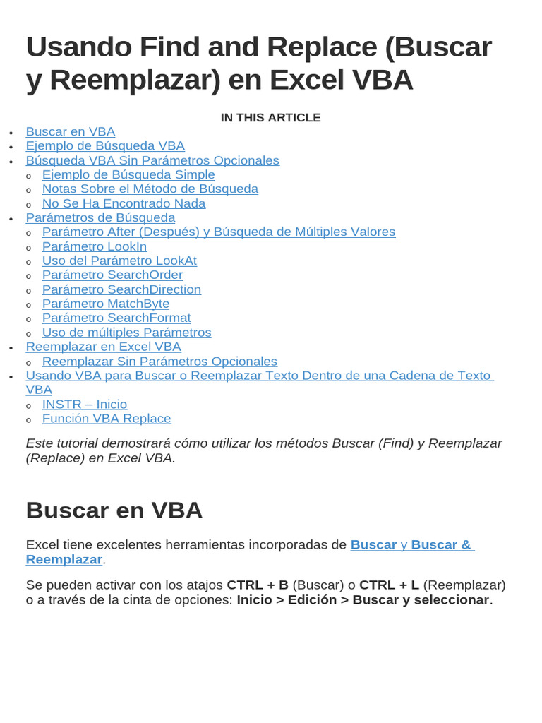 Usando Find and Replace (Buscar y Reemplazar) en Excel VBA | PDF