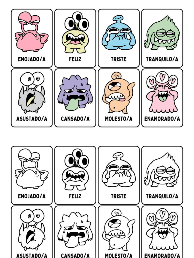 Tarjetas Monstruos Emociones Colores Pastel | PDF