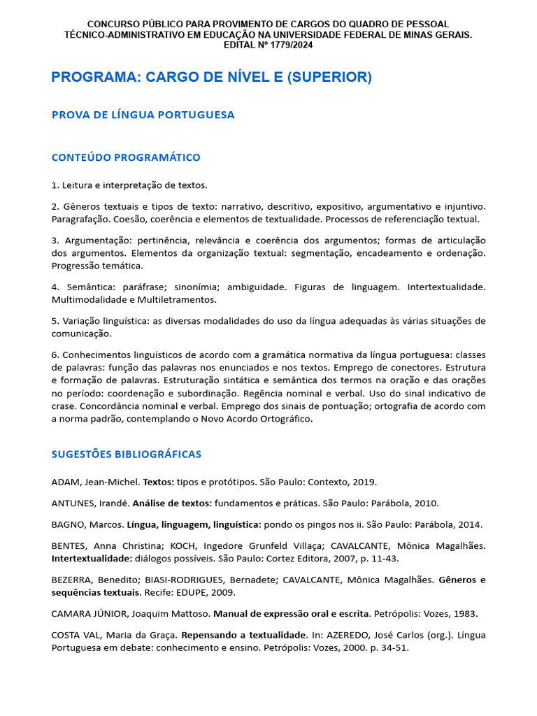 1-Conteudo Programatico Lingua Portuguesa Legislacao Nivel Superior ...