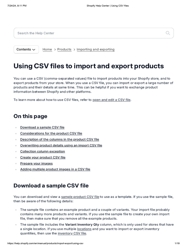 Shopify Help Center _ Using CSV files | PDF Shopify Help Center _ Using CSV files | PDF