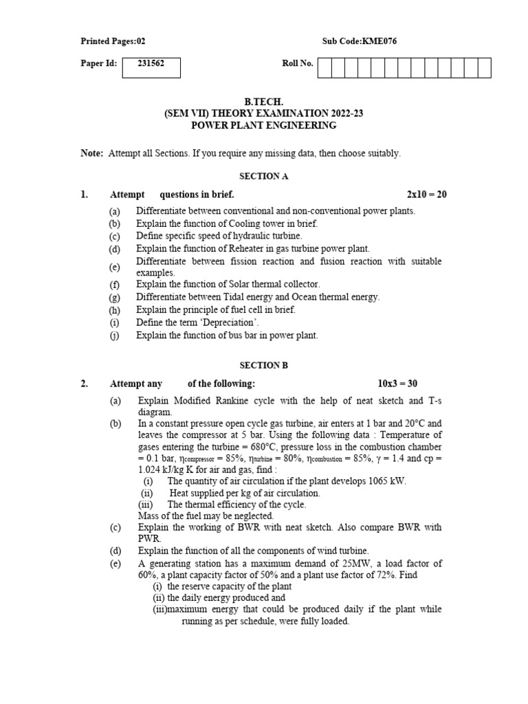 Btech Me 7 Sem Power Plant Engineering Kme076 2023 | PDF
