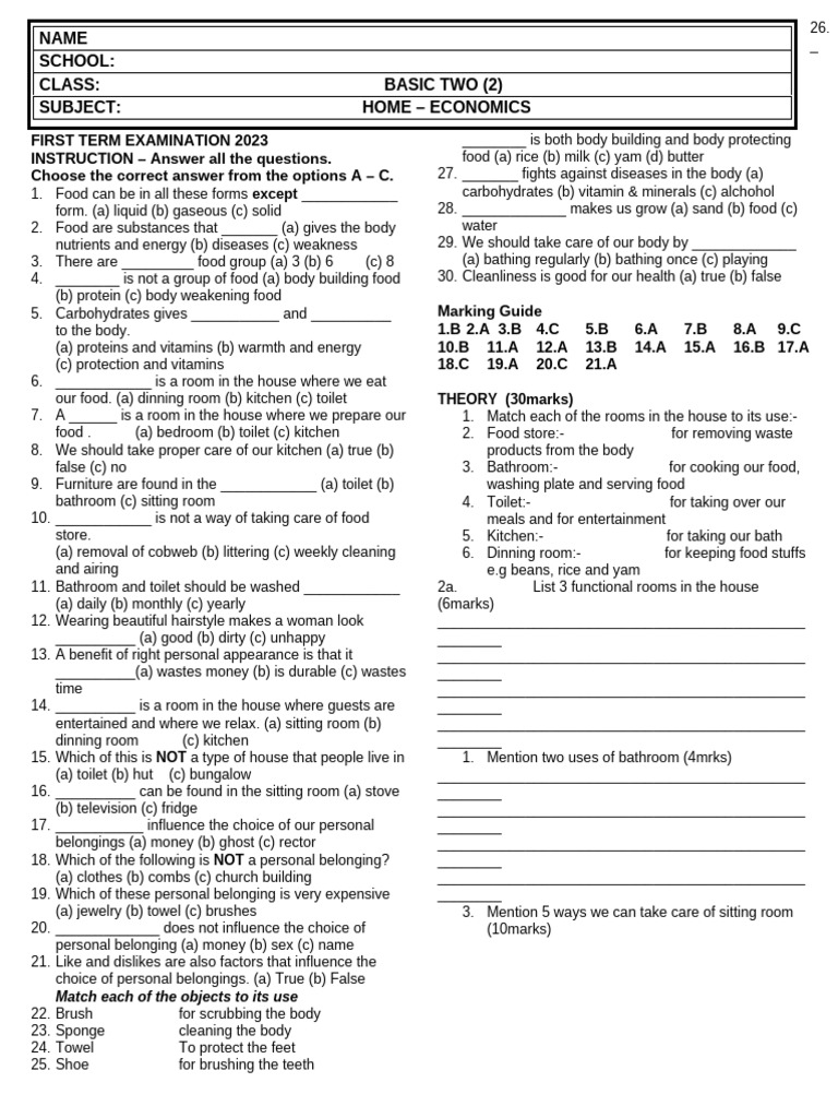 Pry 2 Home Econs First Term Exam | PDF