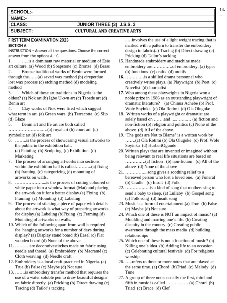 JSS3 Cca First Term Exam | PDF