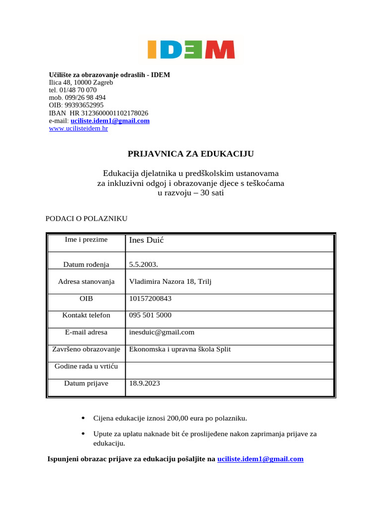 Prijavnica Vrtić - Ines Duić | PDF