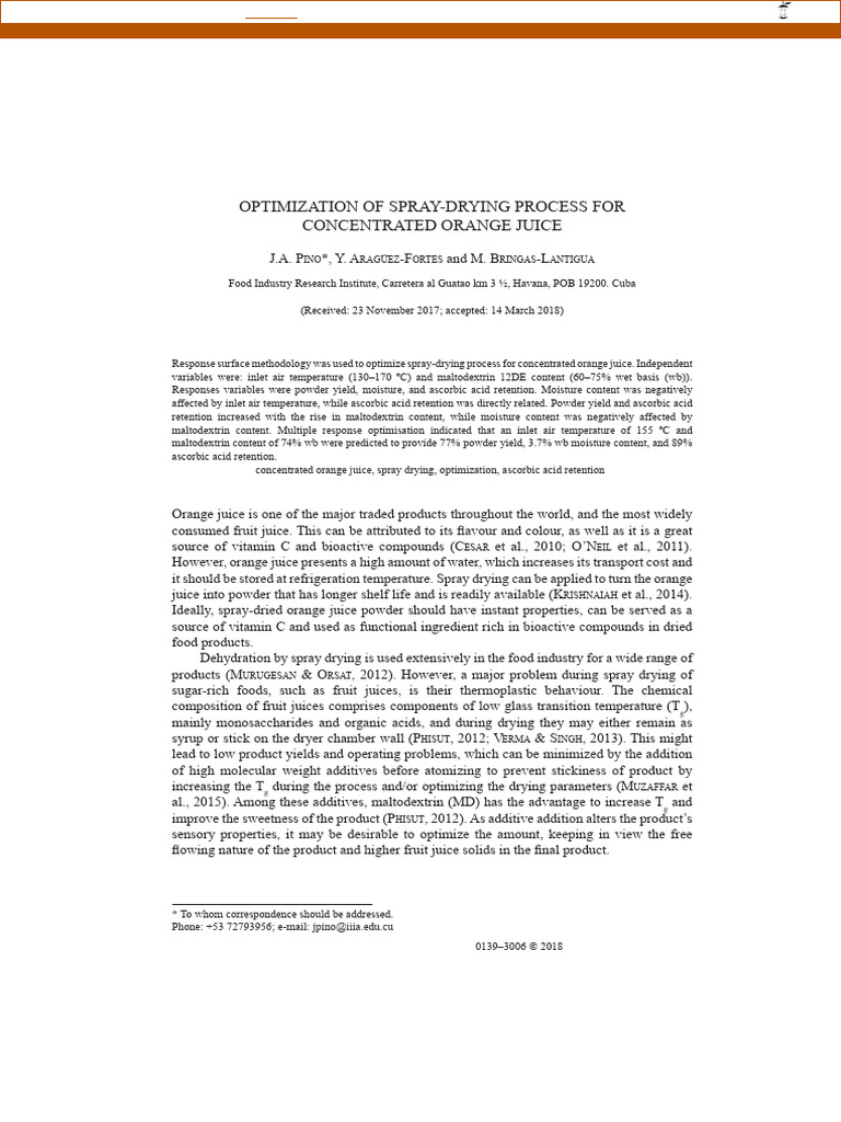 Optimization of Spray-Drying Process For Concentrated Orange Juice | PDF