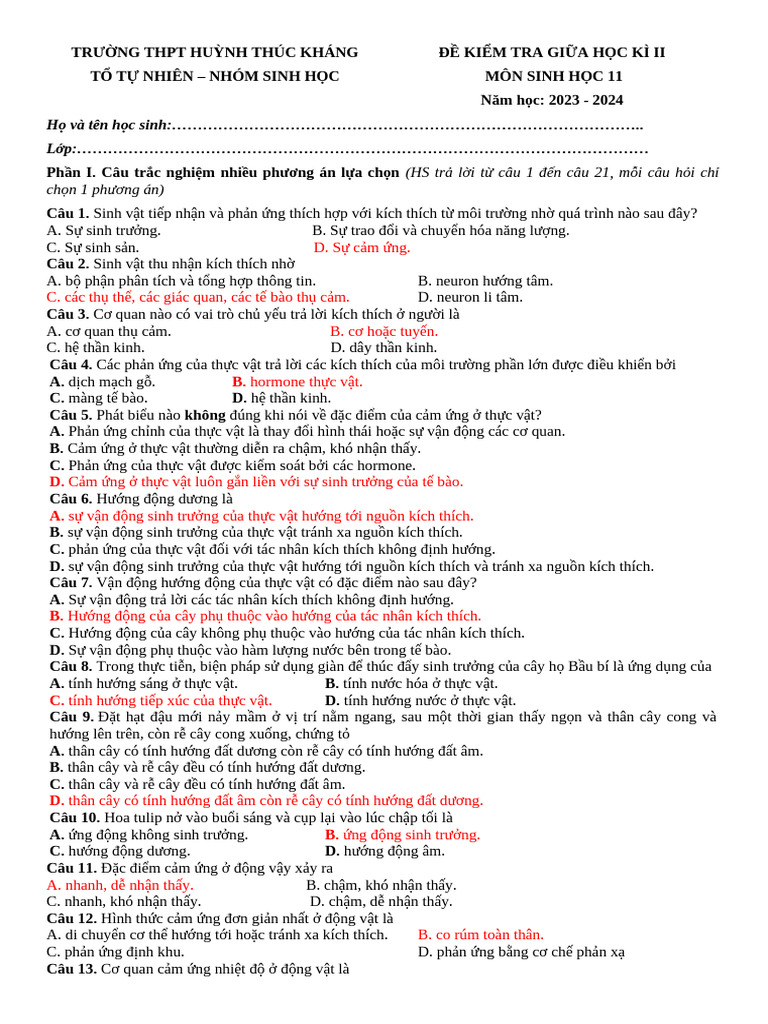 GV.Sinh học 11. ĐỀ KT GIỮA HKII | PDF