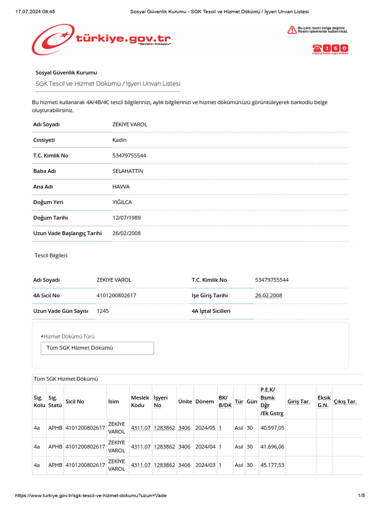 Sosyal Güvenlik Kurumu - SGK Tescil Ve Hizmet Dökümü - İşyeri Unvan ...