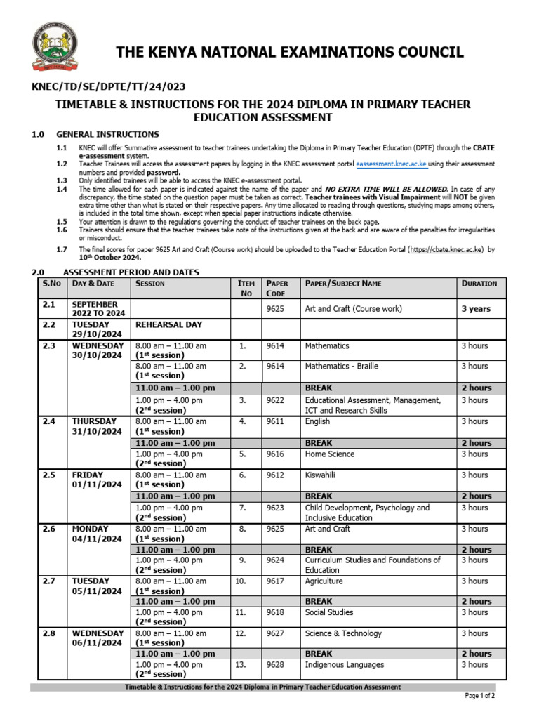 2024 DPTE Assessment Timetable & Guidelines | PDF | Teachers | Justice