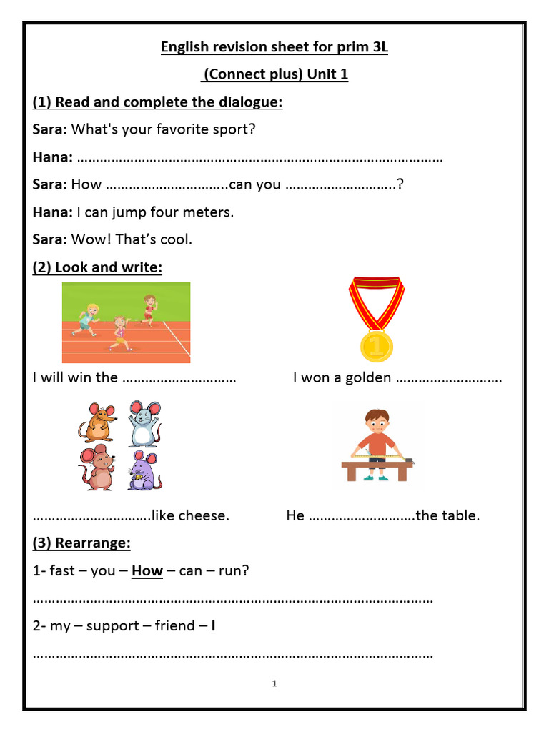 English Revision Sheet For Prim 3L (Connect Plus) Unit 1 | PDF