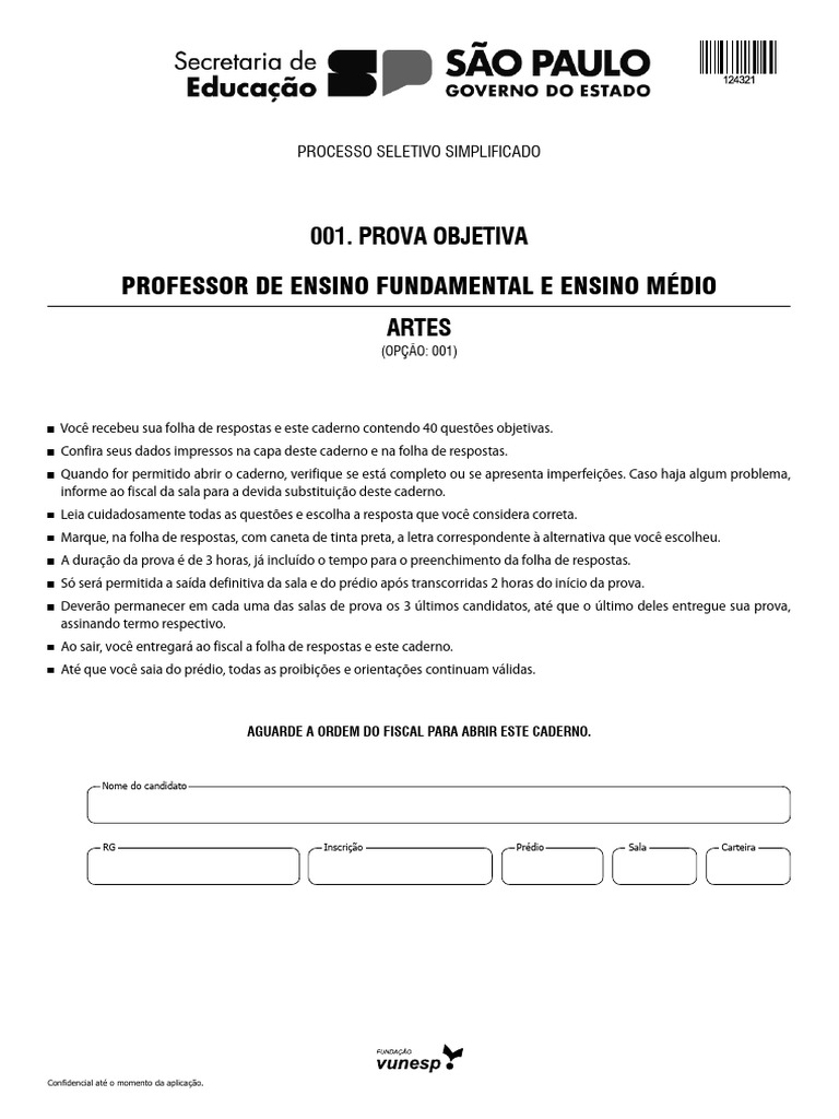 Caderno de Prova PSS 2024 Vunesp | PDF