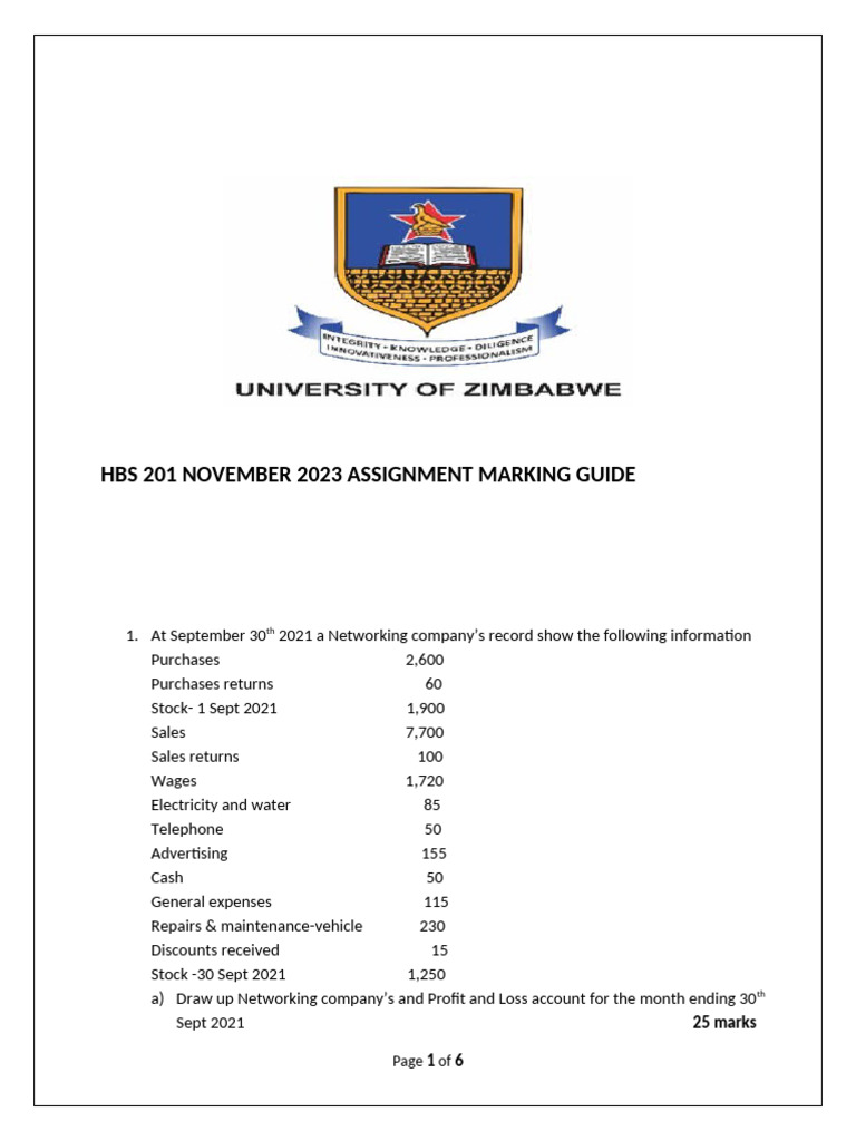 HBS 201 NOVEMBER 2023 ASSIGNMENT Marking Guide | PDF | Balance Sheet | Business