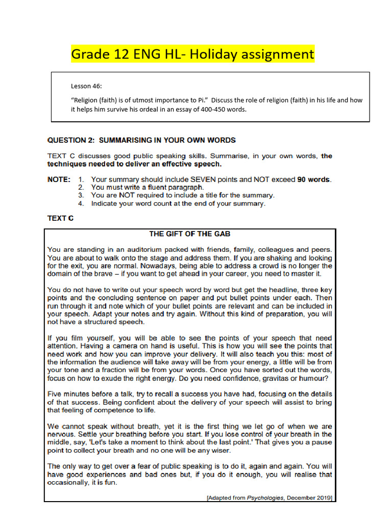 Grade 12 Holiday Assignment | PDF