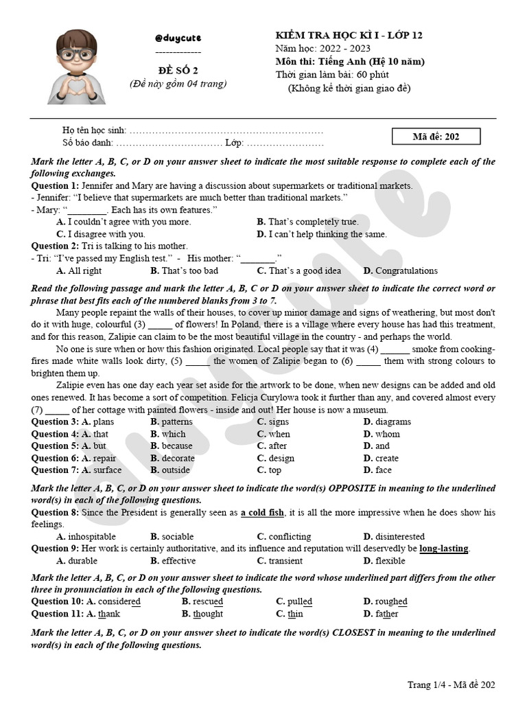@duycute Đề Thi Tiếng Anh HK1 Lớp 12 - ĐỀ SỐ 2 | PDF