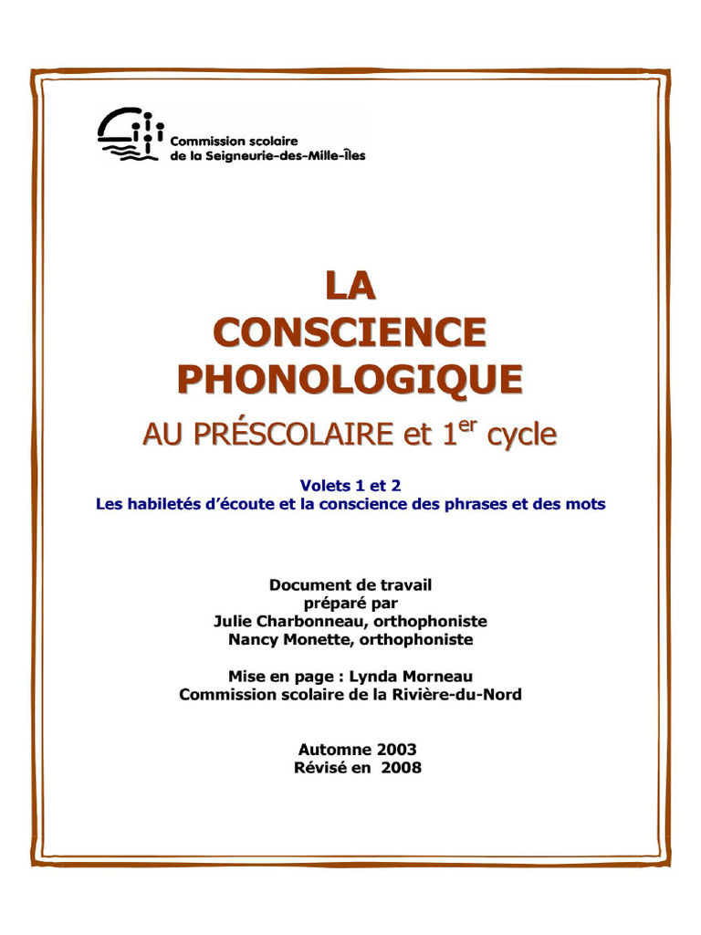 Conscience Phonologique - Partie 1 Habiletes Decoute Et Conscience Des ...