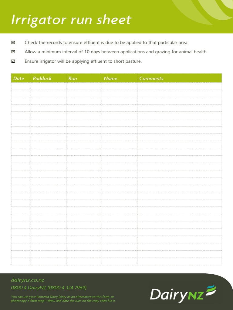 Effluent Irrigator Run Sheet | PDF