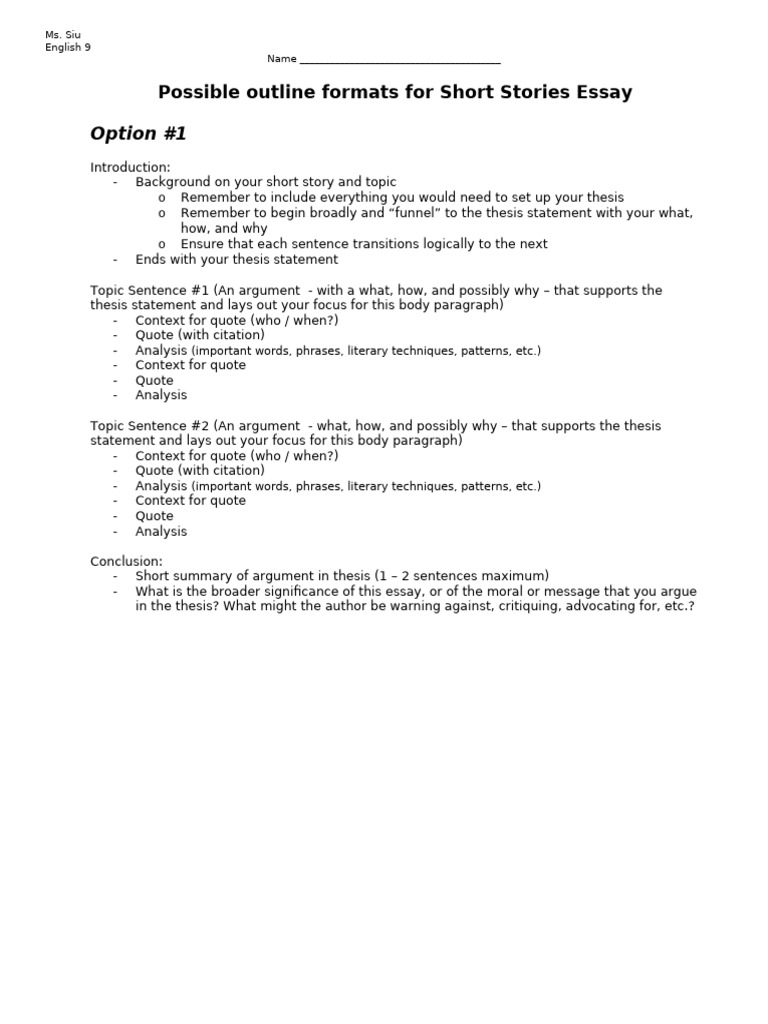 Short Stories Essay Outline Formats | PDF