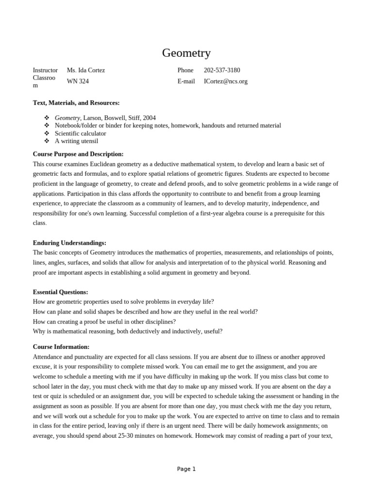 Geometry Syllabus 2024 2025 | PDF