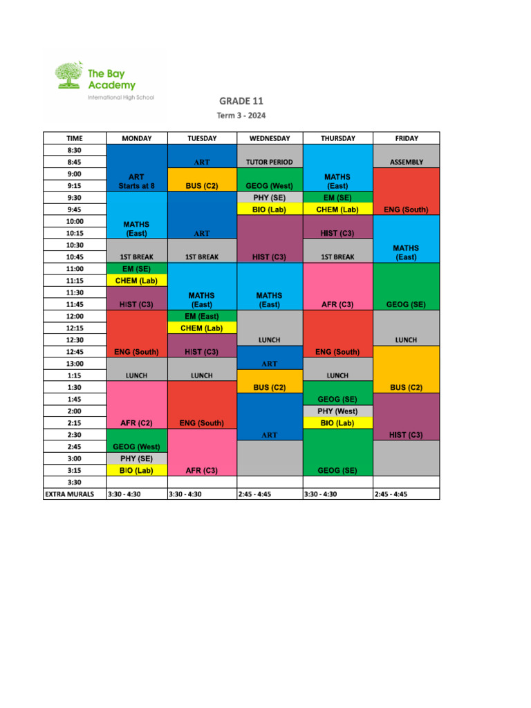 Timetable 2024 Term 3 Grade 11 | PDF