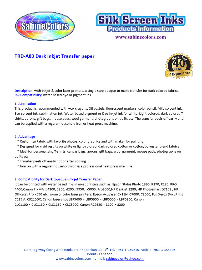 TRD A80 Dark Inkjet Transfer Paper | PDF