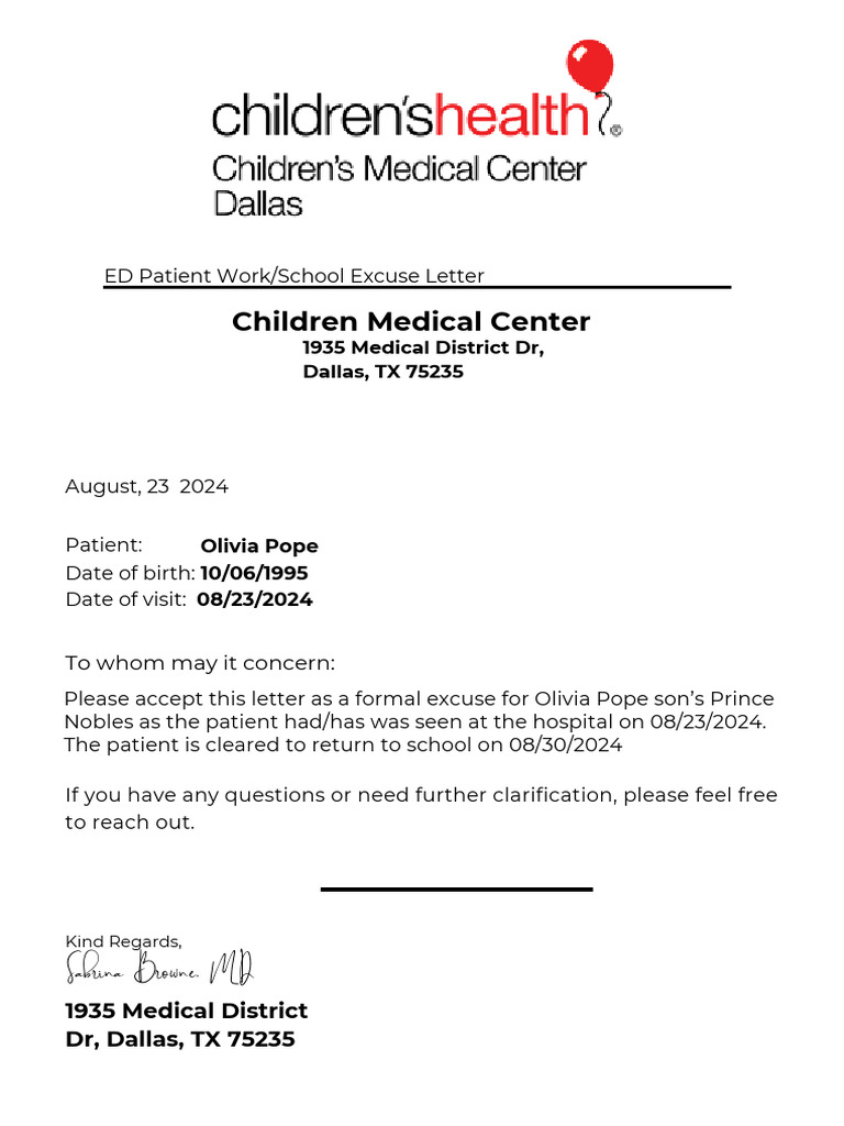 Children's Hospital Medical Excuse Note | PDF | Law | Wellness