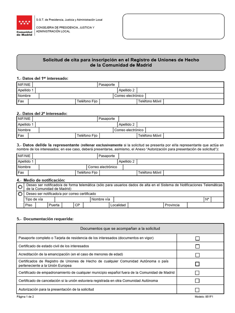 Solicitud de Cita para Inscripción en El Registro de Uniones de Hecho de La Comunidad de Madrid ...