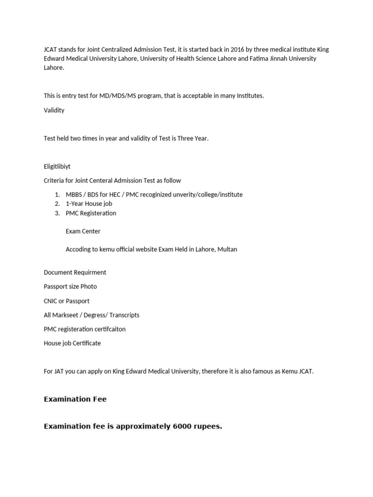 JCAT Stands For Joint Centralized Admission Test | PDF