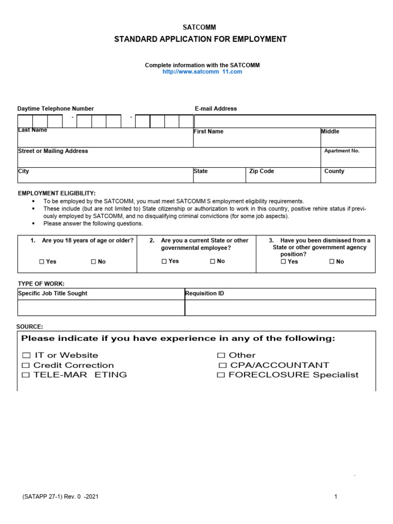SATCOMM's Standard Application For Employment Form 1-A | PDF