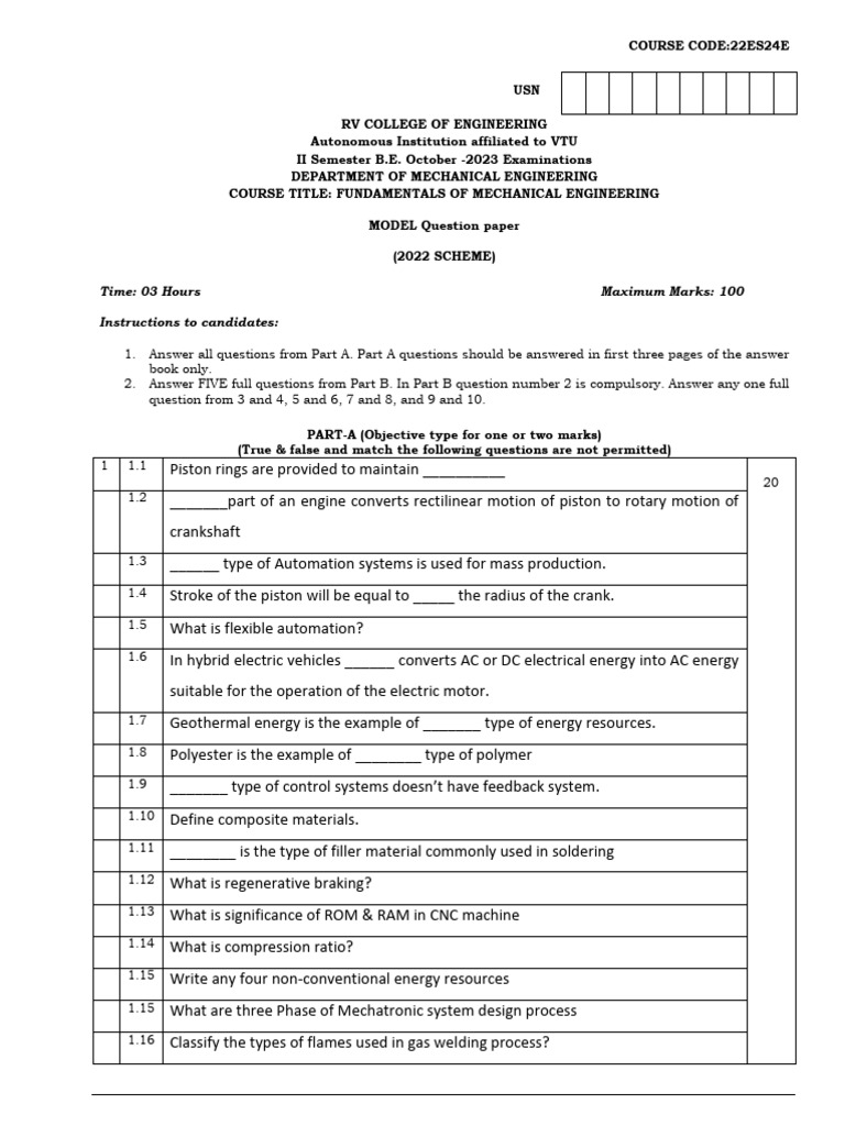 FME - 22ES24E Model Question Paper | PDF