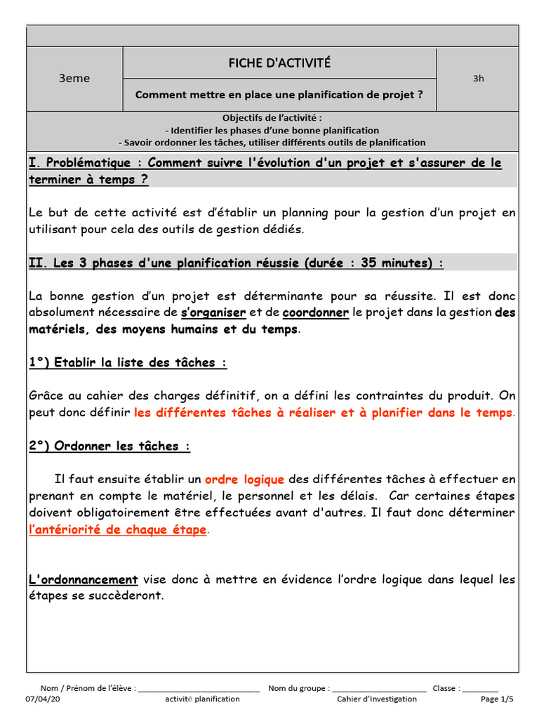 Fiche D'Activité: Comment Mettre en Place Une Planification de Projet ...