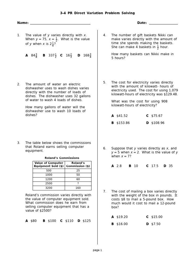 3-5 PR Direct Variation Problem Solving | PDF