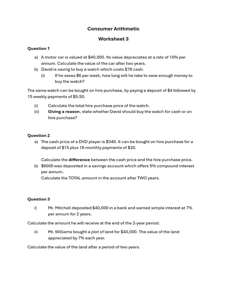 Consumer Arthimetic Worksheet 3 | PDF