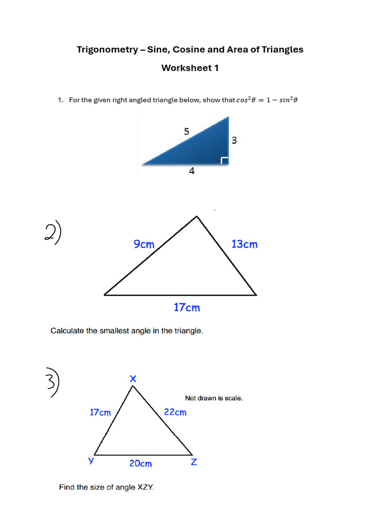 Sine, Cosine and Area of Triangles Worksheet | PDF